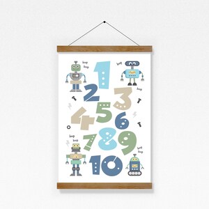 Robot Number Print Counting Blue Green Tan Nursery Wall Art Decor Boys ...