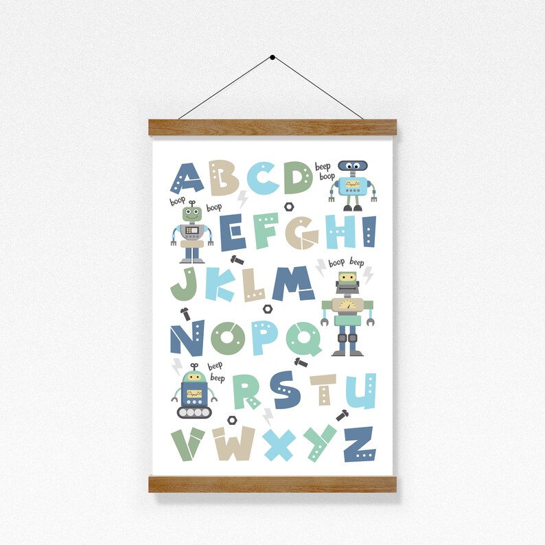 Robot Alphabet Print Nursery Wall Art Decor Retro Blue Tan - Etsy