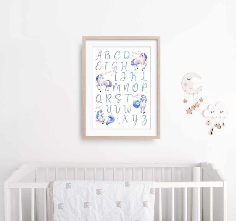Unicorn Alphabet Print Girls ABC Poster Pretty Pink Blue Purple Lilac ...