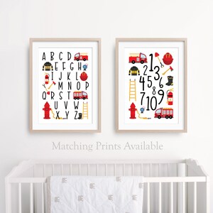 Firefighter Numbers Print Cute Fire Truck Boys Nursery Wall Art Decor ...