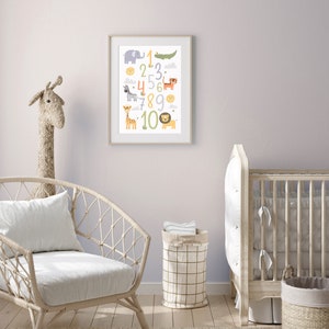 Safari Animal Numbers Print Cute Neutral Nursery Decor Childrens ...