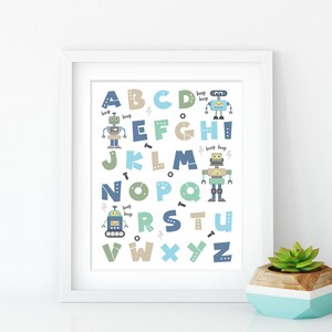 Robot Alphabet Print Nursery Wall Art Decor Retro Blue Tan Boys Nursery ...