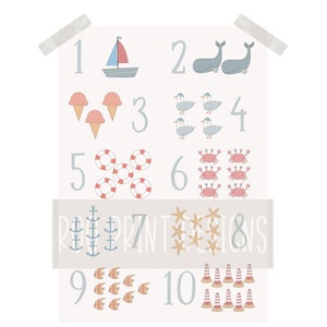 Cute Seaside Counting Print Educational Kids Nautical Playroom Poster ...