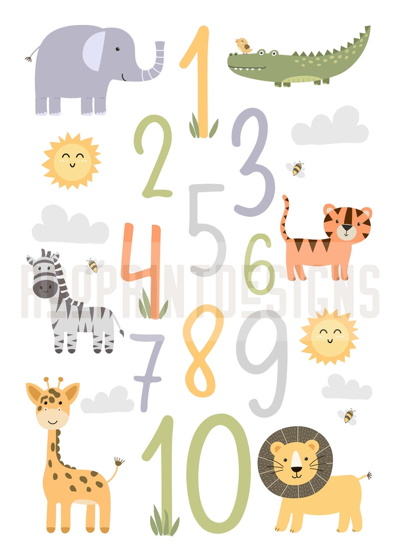 Safari Animal Numbers Print Cute Neutral Nursery Decor | Etsy