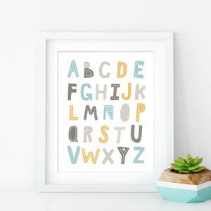 Grey Yellow Blue Scandi Alphabet Print Pastel Boys Girls Kids Toddler ...