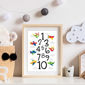 Cute Airplane Numbers Print Flying Planes Helicopter Pilot Nursery Art ...