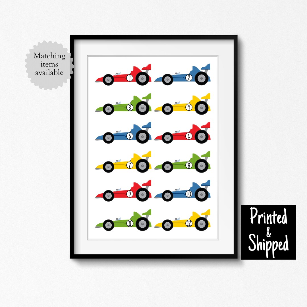 Race Cars Counting Print Racing Car Numbers Cute Colourful Kids Poster ...