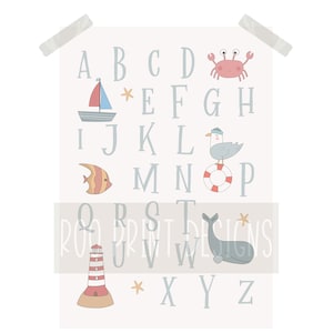 Cute Nautical Nursery Alphabet Print Seaside Themed ABC Kids Poster ...