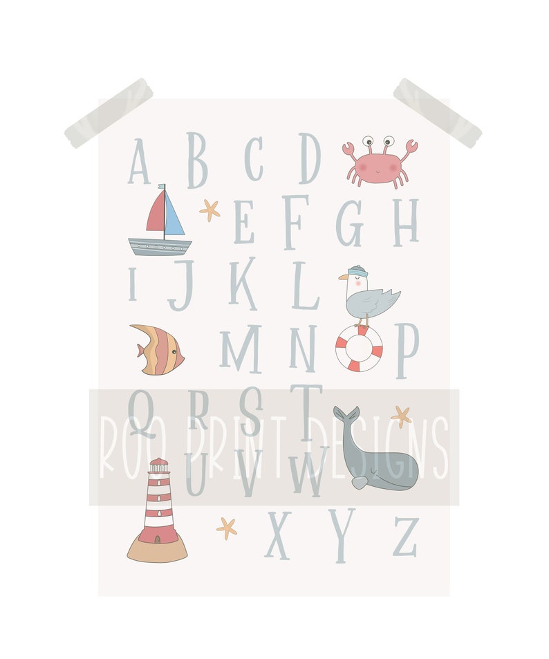Cute Nautical Nursery Alphabet Print Seaside Themed ABC Kids Poster ...