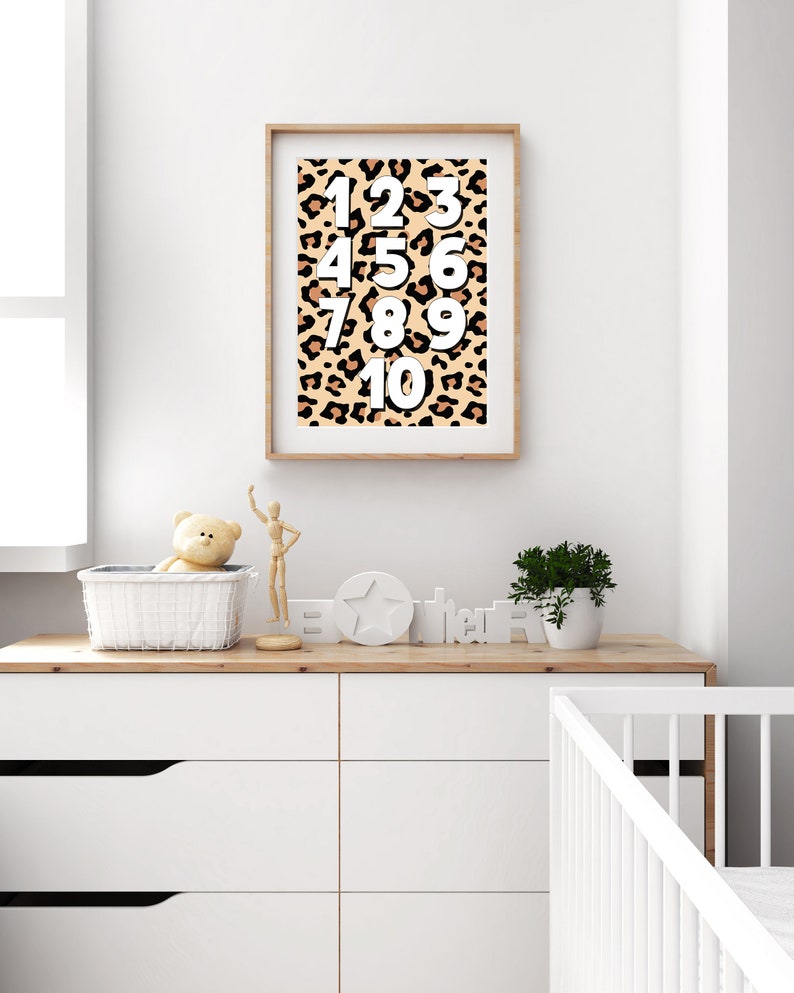 Leopard Print Number Poster Neutral Kids Animal Playroom Bedroom Wall ...
