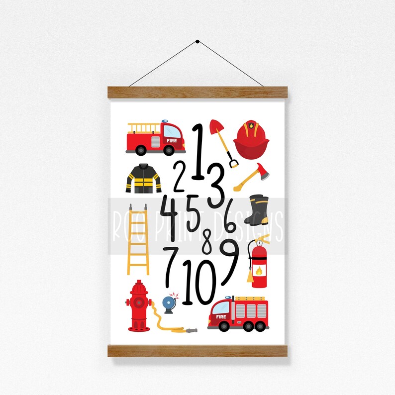 Firefighter Numbers Print Cute Fire Truck Boys Nursery Wall - Etsy