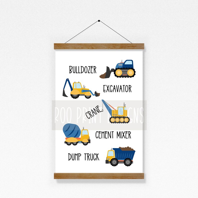 Blue Construction Vehicles Art Print Cute Toddler Digger | Etsy