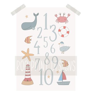 Cute Nautical Nursery Number Print Seaside Themed Counting Kids Poster ...