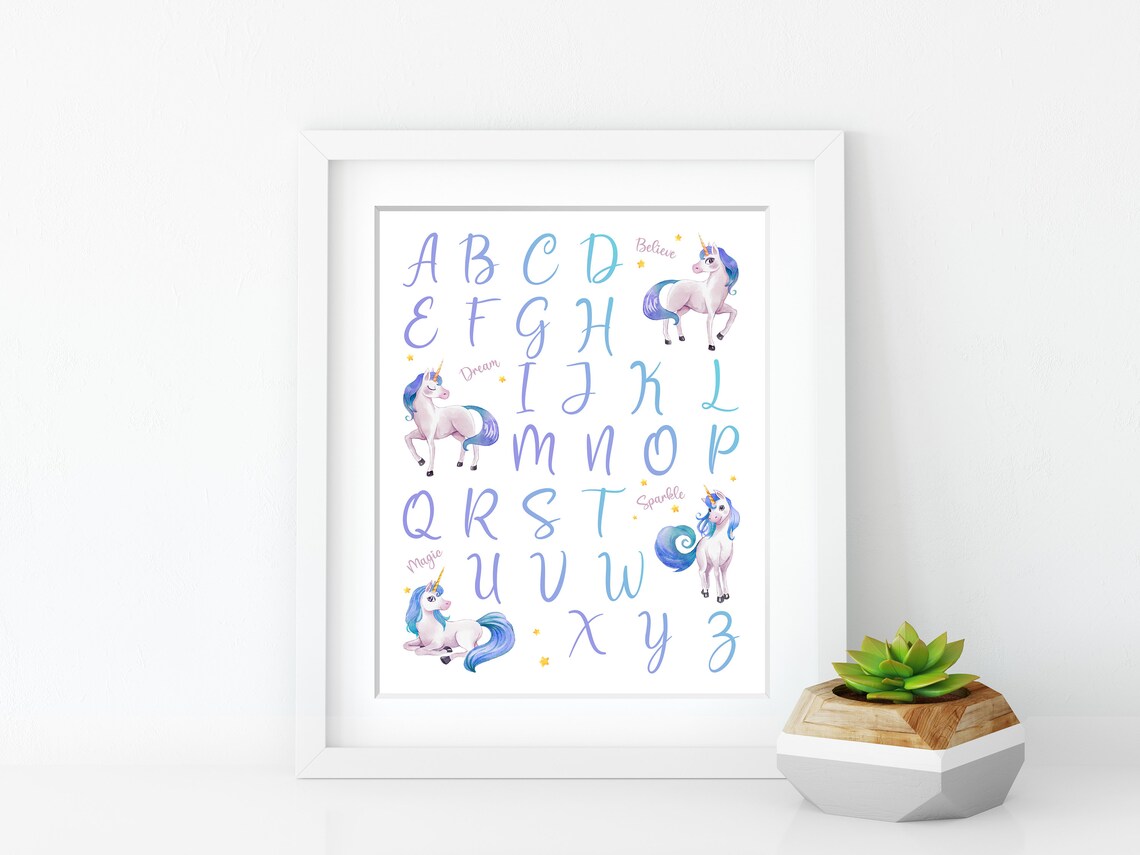 Unicorn Alphabet Print Girls ABC Poster Pretty Pink Blue - Etsy