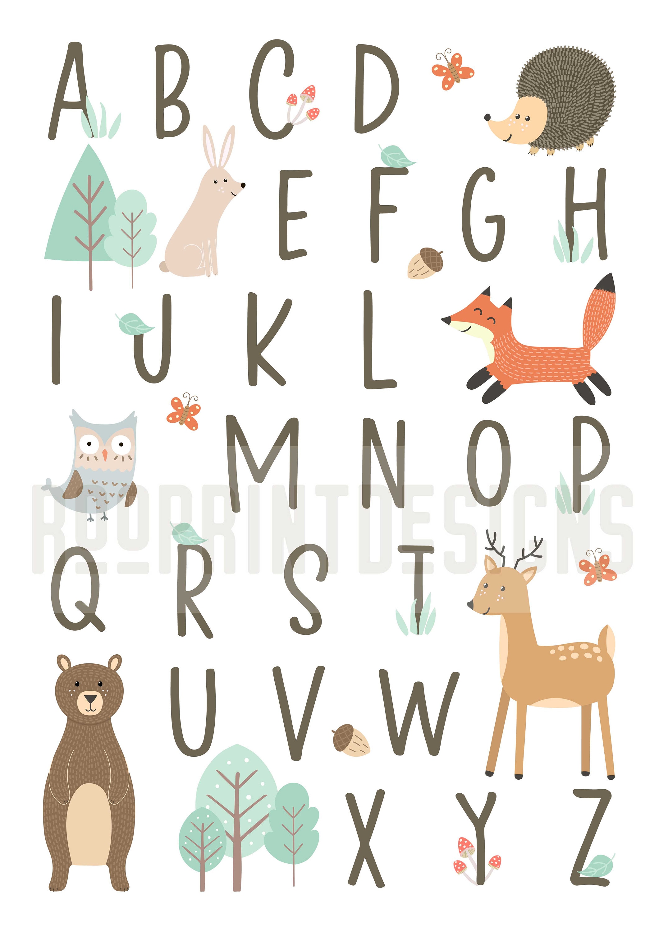 Woodland Alphabet Print Forest Animal ABC Boy Girl Kids | Etsy