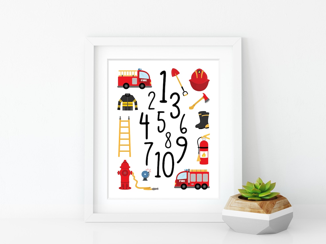 Firefighter Numbers Print Cute Fire Truck Boys Nursery Wall Art Decor ...