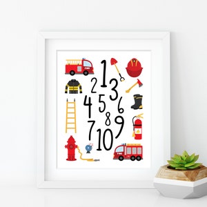 Firefighter Numbers Print Cute Fire Truck Boys Nursery Wall Art Decor ...