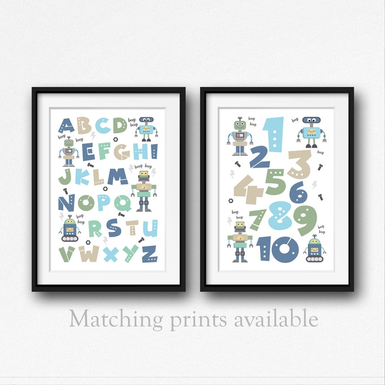 Robot Alphabet Print Nursery Wall Art Decor Retro Blue Tan - Etsy