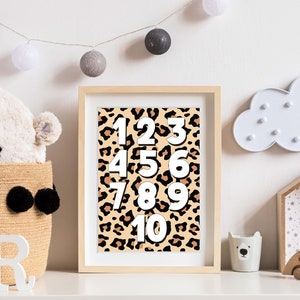 Leopard Print Number Poster Neutral Kids Animal Playroom Bedroom Wall ...