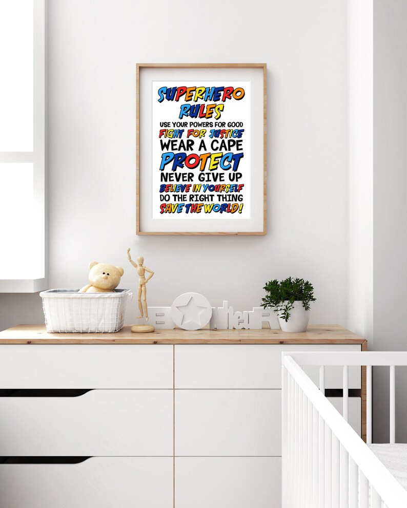 Superhero Rules Print Positive Kids Wall Art Inspirational Boys Girls ...