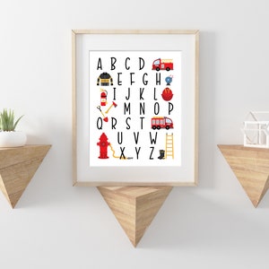 Firefighter Alphabet Print Emergency Fire Truck ABC Nursery Wall Art ...