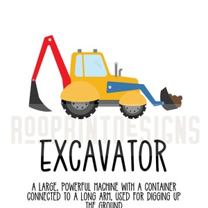 Excavator Digger Print Construction Vehicle Poster Bedroom Playroom ...