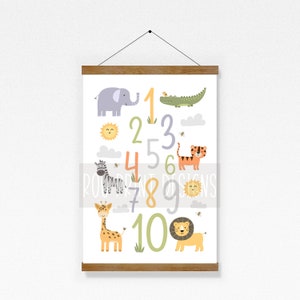 Safari Animal Numbers Print Cute Neutral Nursery Decor Childrens ...