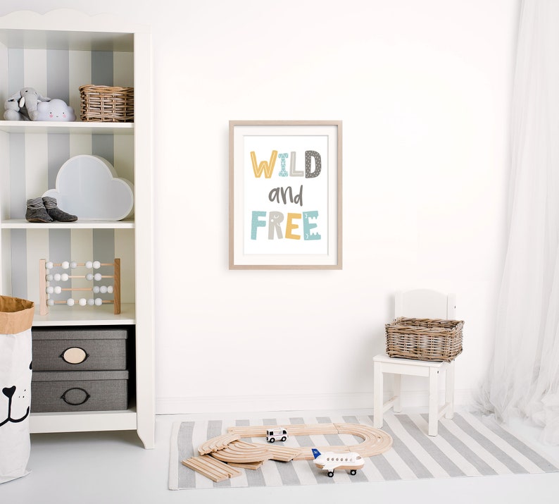 Wild and Free Print Scandinavian Style Grey Yellow Teal Aqua | Etsy