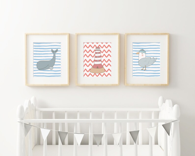 Nautical Print Set Cute Sea Beach Ocean Themed Neutral Nursery Wall Art ...