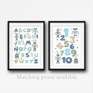 Robot Number Print Counting Blue Green Tan Nursery Wall Art Decor Boys ...