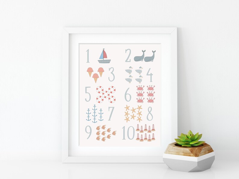 Cute Seaside Counting Print Educational Kids Nautical Playroom Poster ...
