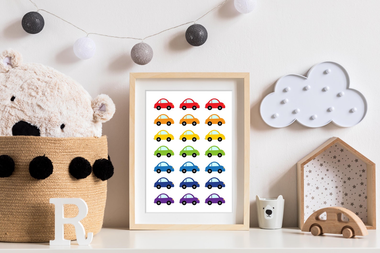 Rainbow Cars Print Colourful Kids Vehicle Poster Simple Bright Baby ...
