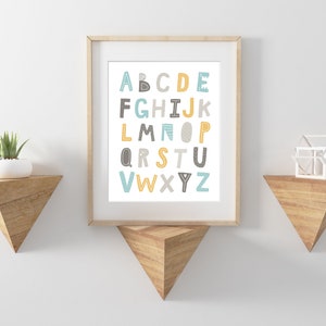 Grey Yellow Blue Scandi Alphabet Print Pastel Boys Girls Kids Toddler ...