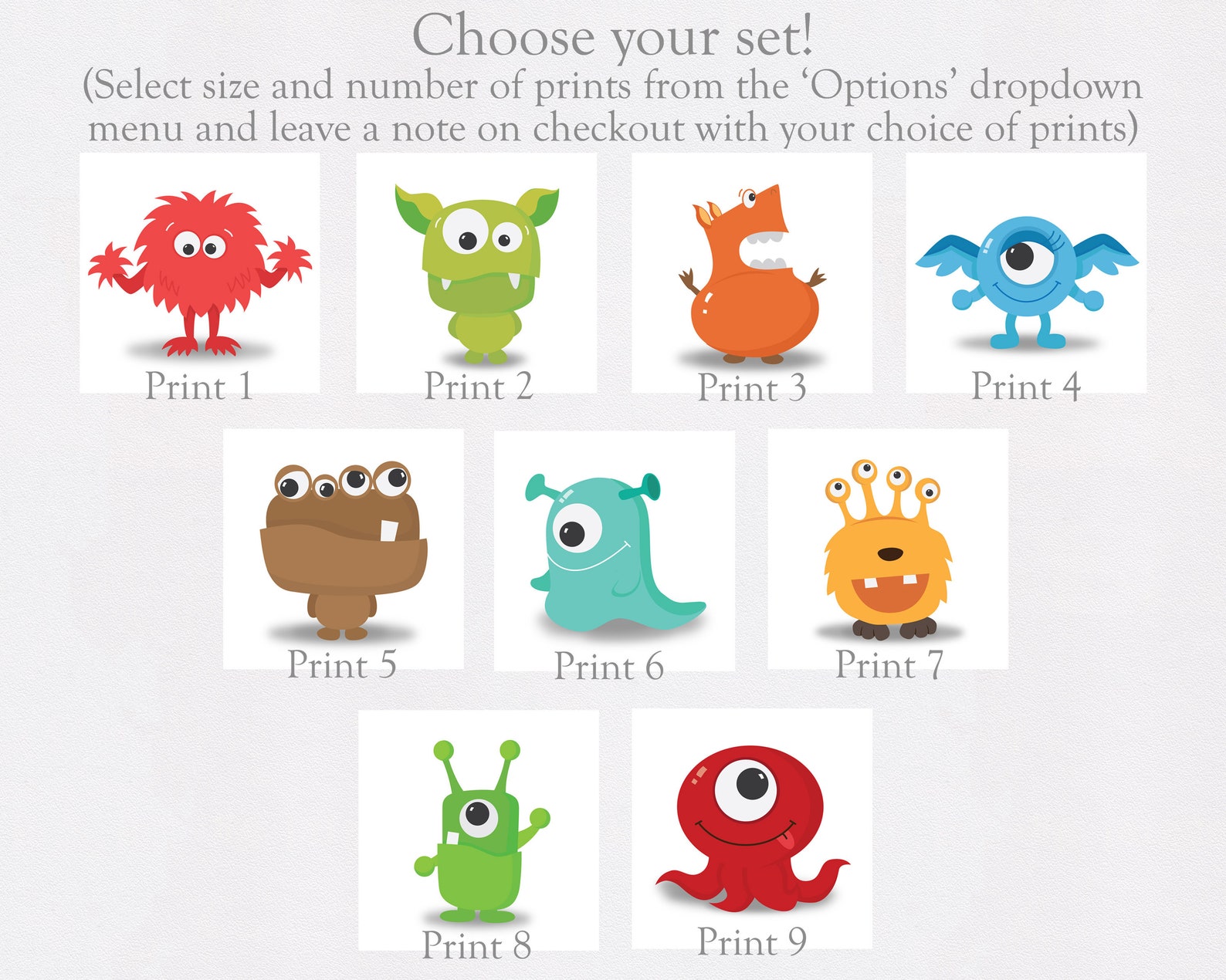 Cute Monster Print Set Colourful Nursery Wall Art Decor Boys Kids ...