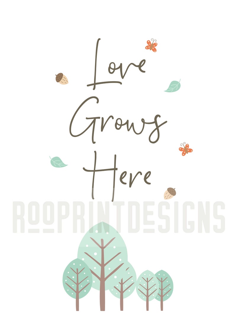 Love Grows Here Art Print Forest Nursery Decor Mint Trees Neutral Wall ...