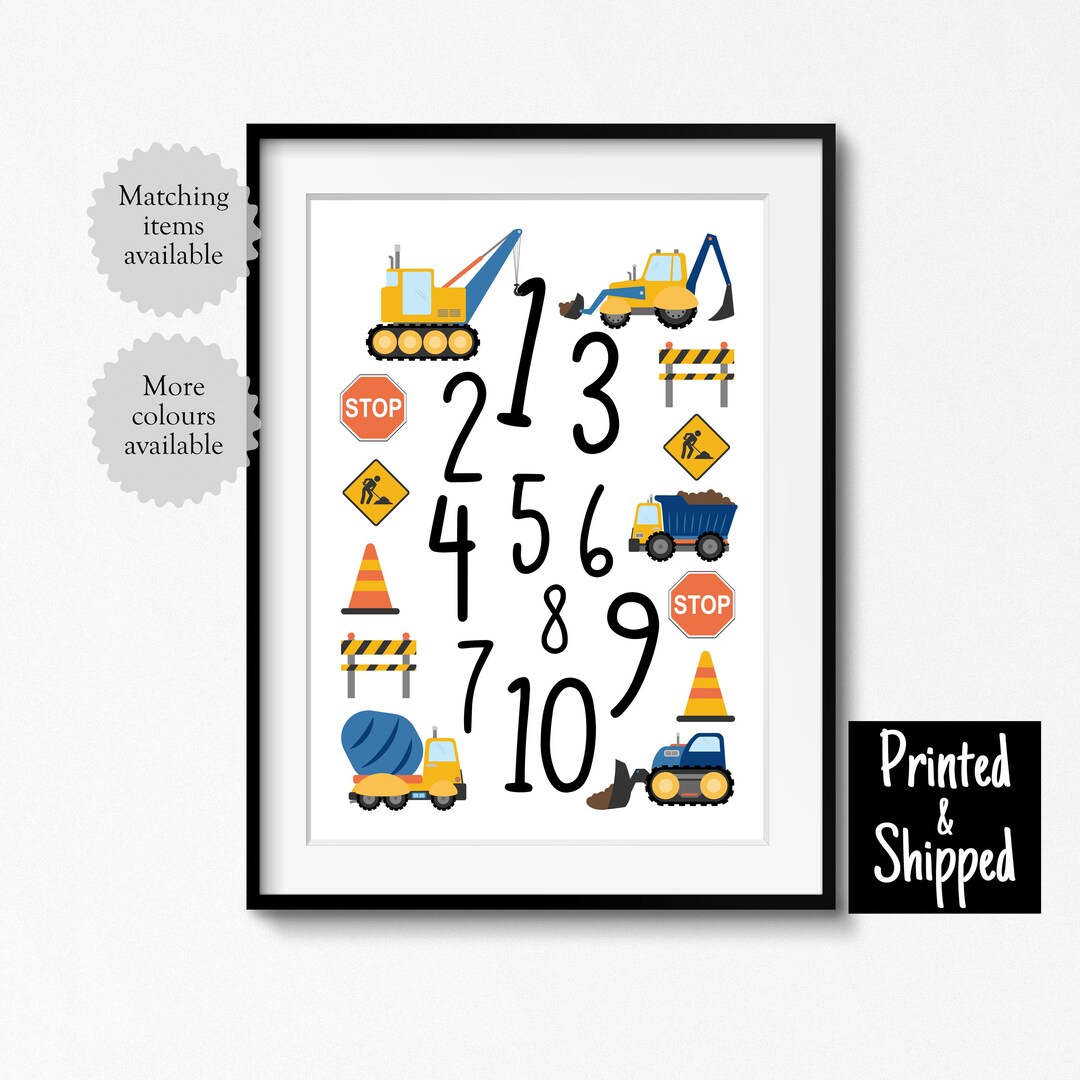 Navy Blue Orange Yellow Construction Numbers Print Cute Digger Nursery ...