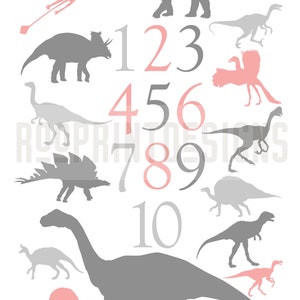 Girls Dinosaur Number Print Counting Bedroom Playroom Nursery Wall Art ...