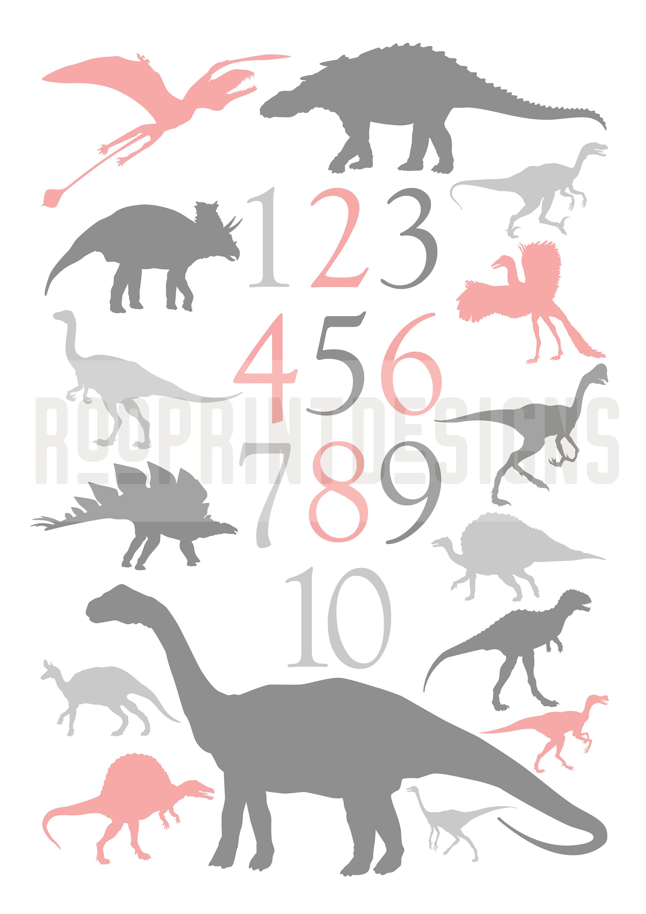 Girls Dinosaur Number Print Counting Bedroom Playroom Nursery Wall Art ...