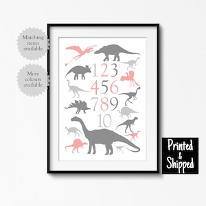 Girls Dinosaur Number Print Counting Bedroom Playroom Nursery Wall Art ...