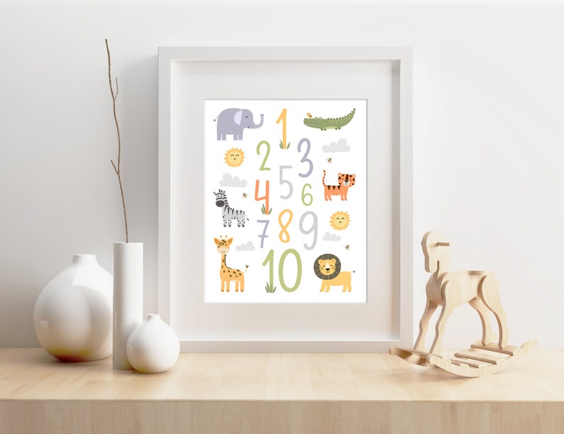 Safari Animal Numbers Print Cute Neutral Nursery Decor | Etsy