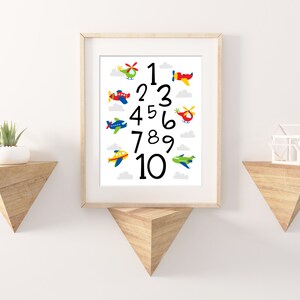 Cute Airplane Numbers Print Flying Planes Helicopter Pilot Nursery Art ...