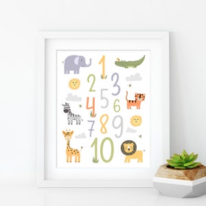 Safari Animal Numbers Print Cute Neutral Nursery Decor Childrens ...