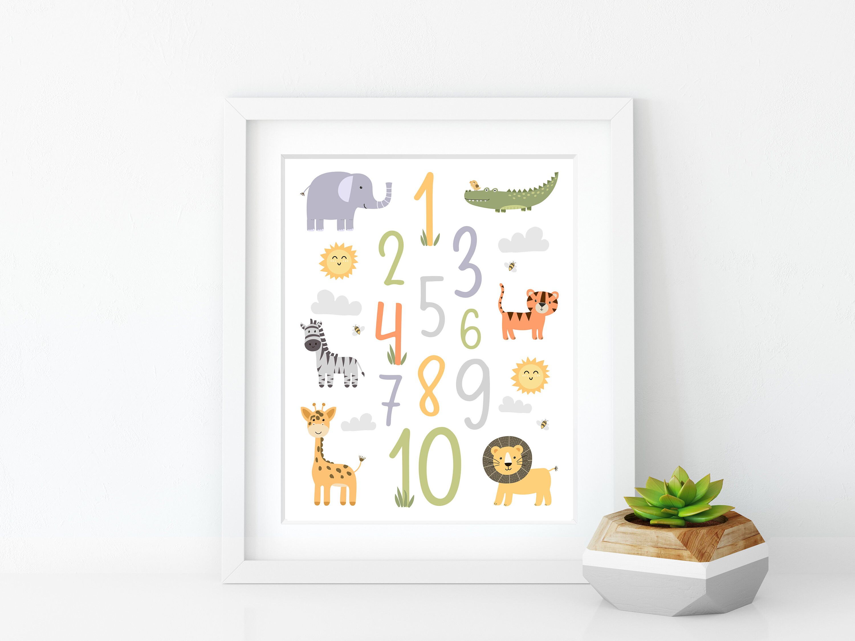 Safari Animal Numbers Print Cute Neutral Nursery Decor Childrens ...