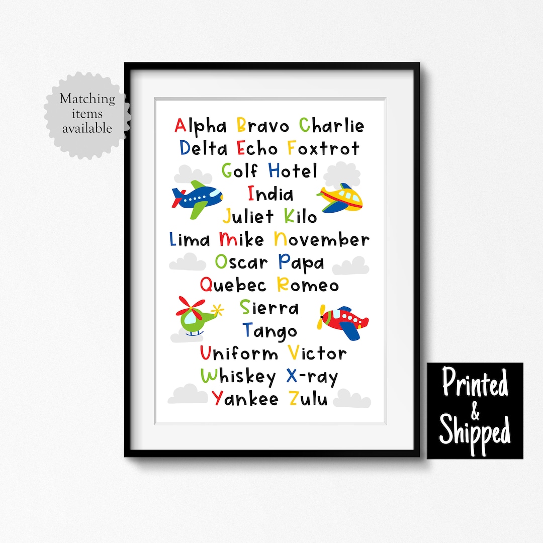 Cute Airplane Alphabet Print Phonetic Planes Helicopter Flying Nursery ...