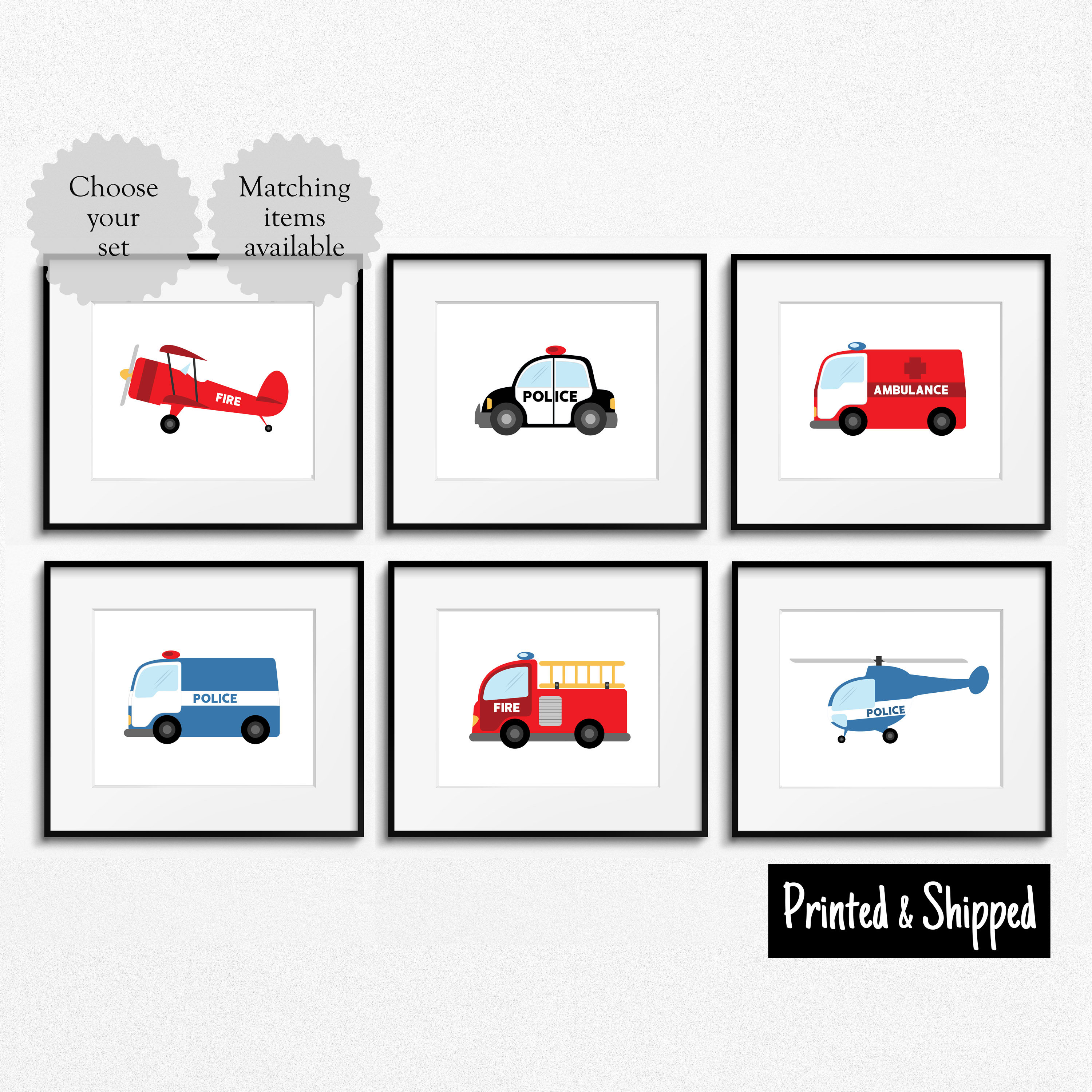 Emergency Vehicle Print Set Cute Toddler Wall Art Police | Etsy UK