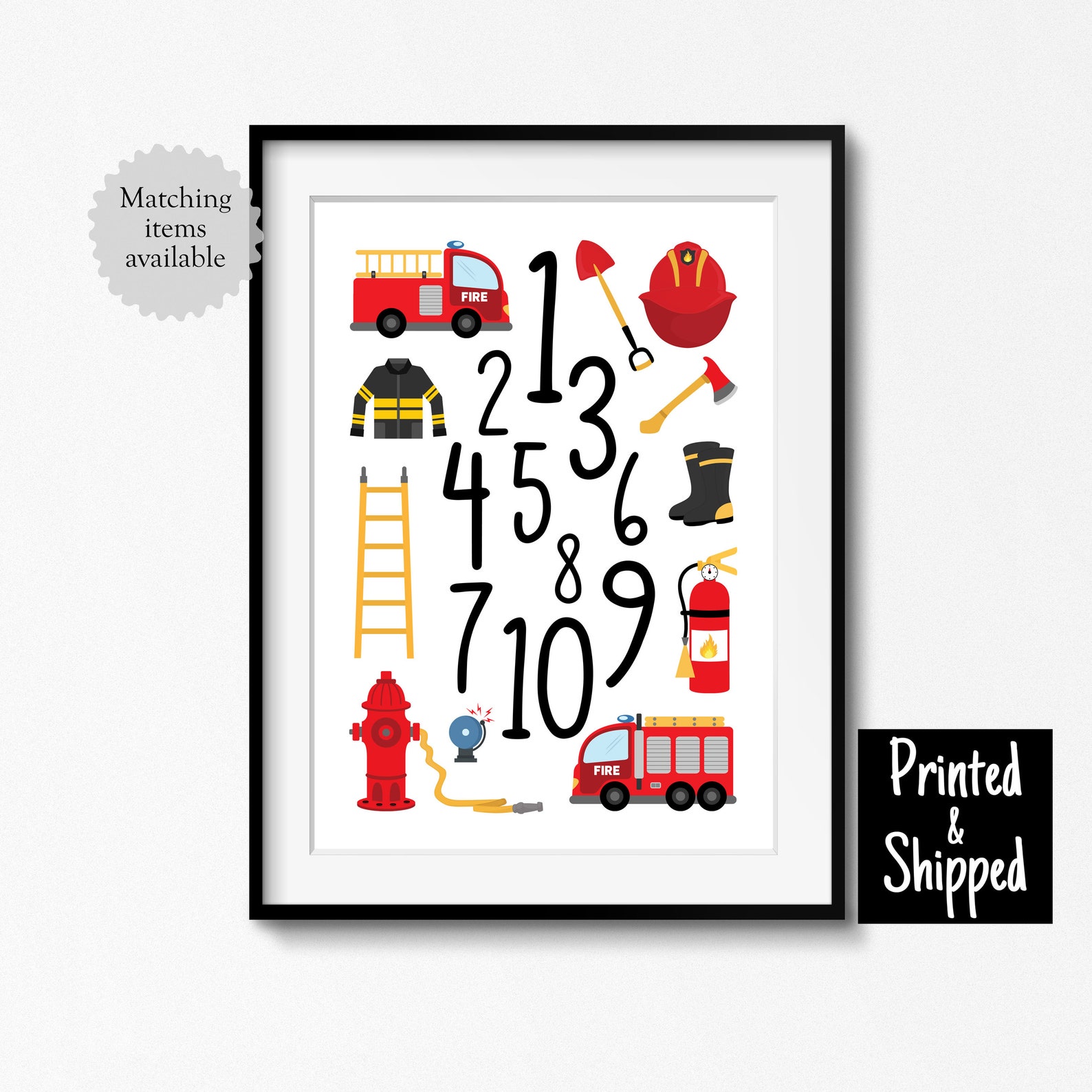 Firefighter Numbers Print Cute Fire Truck Boys Nursery Wall | Etsy