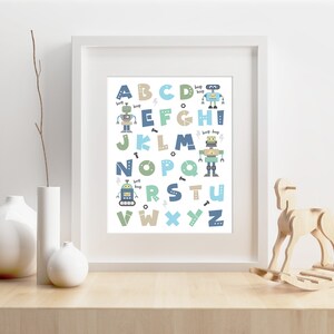 Robot Alphabet Print Nursery Wall Art Decor Retro Blue Tan Boys Nursery ...
