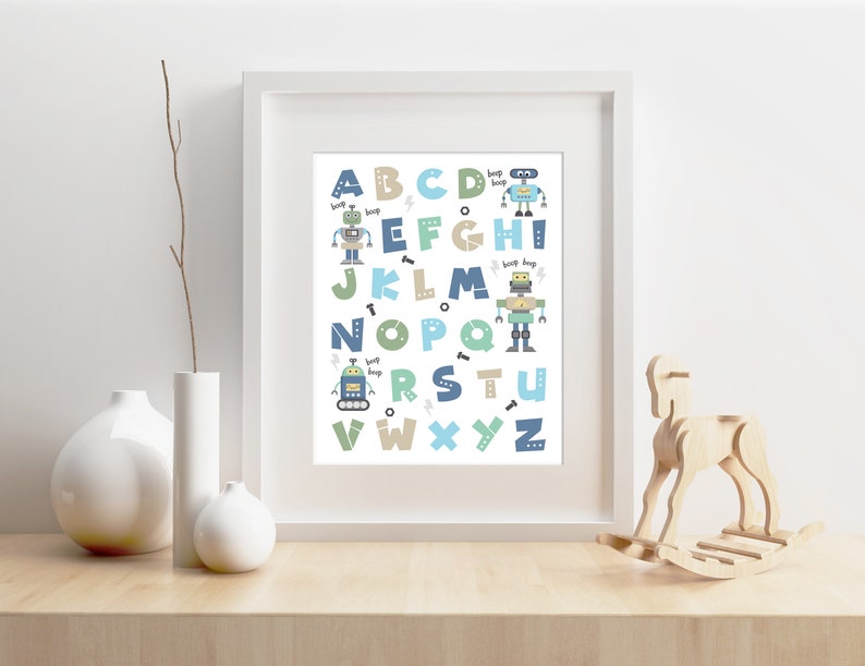 Robot Alphabet Print Nursery Wall Art Decor Retro Blue Tan - Etsy