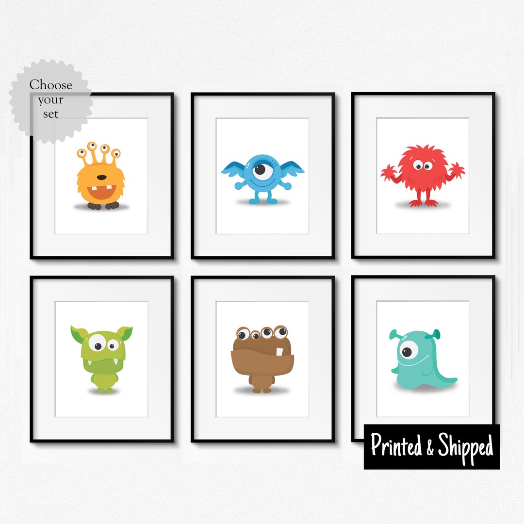 Cute Monster Print Set Colourful Nursery Wall Art Decor Boys Kids ...