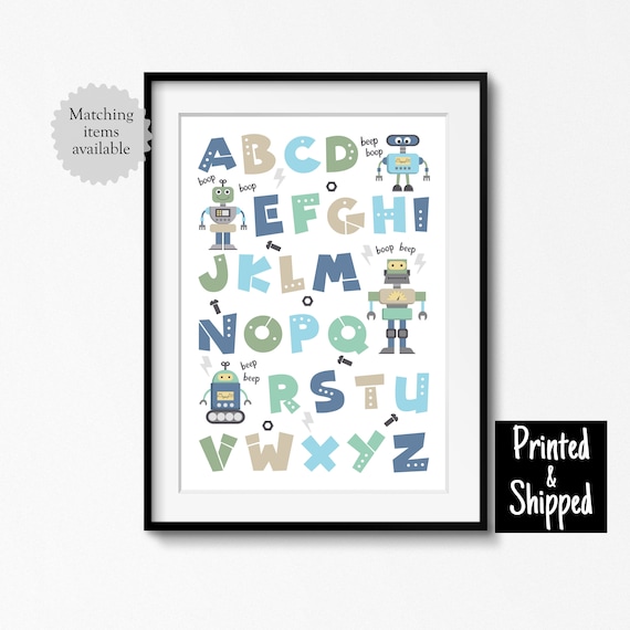 Robot Alphabet Print Nursery Wall Art Decor Retro Blue Tan - Etsy